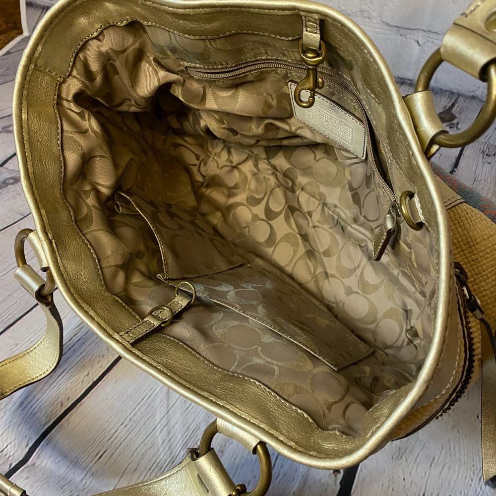 Coach Gold Woven Wicker Leather Tote Bag+ - Gem